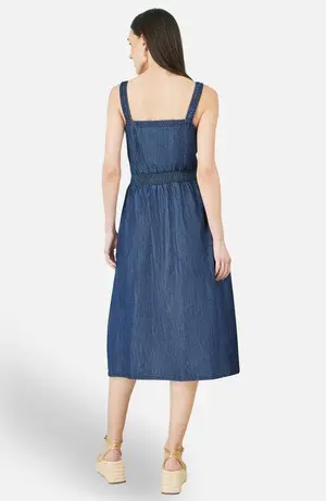 YUMI Chambray Cotton Ruched Midi Sun Dress