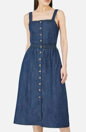 YUMI Chambray Cotton Ruched Midi Sun Dress
