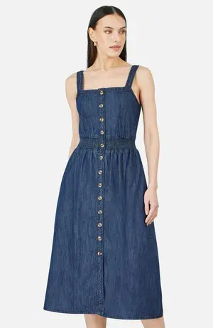 YUMI Chambray Cotton Ruched Midi Sun Dress - Blue