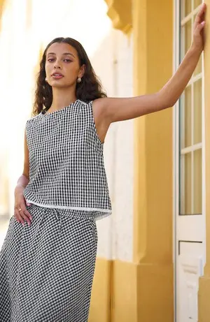 YUMI Gingham Cotton Midi Skirt