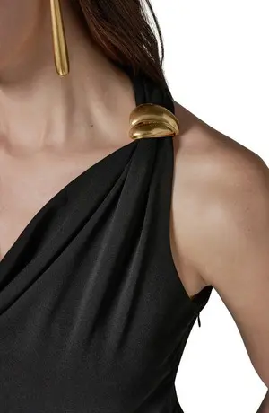Donna Karan New York Cowl Neck Satin Midi Dress With Sculptural Clasp