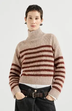 Brunello Cucinelli Striped Virgin Wool And Cashmere Turtleneck Sweater - Beige