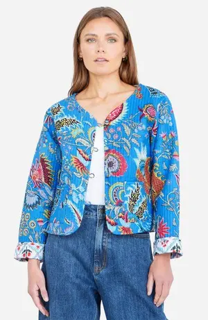 YUMI Reversible Quilted Cotton Jacket With Floral Print - Blue