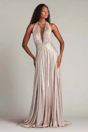 Tadashi Shoji Zarelle Pleated Metallic Halter Gown - Pebble