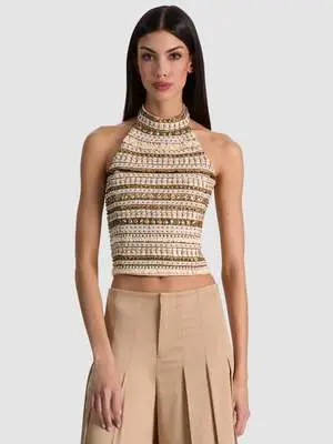 Alice + Olivia Gatz Linen Embellished Top