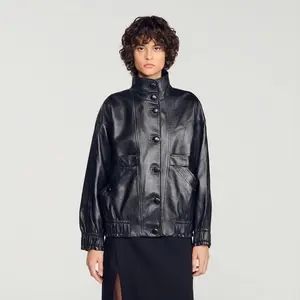 Sandro Oversized Leather Jacket With Cut-out Detail