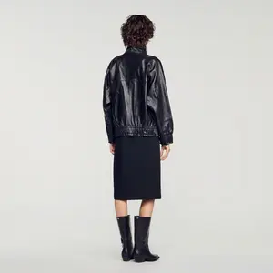Sandro Oversized Leather Jacket With Cut-out Detail