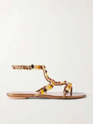 AQUAZZURA Mystic Stone Embellished Leather Sandals - Bronze