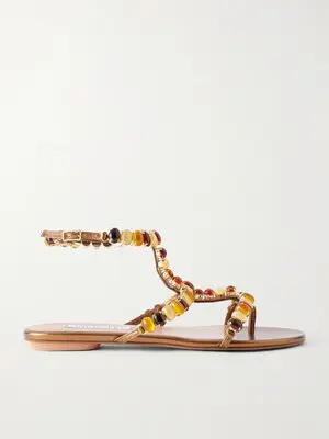 AQUAZZURA Mystic Stone Embellished Leather Gladiator Sandals - Metallic