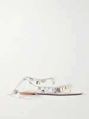 AQUAZZURA Florin Embellished Leather Thong Sandals - Silver