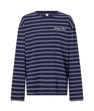 Sporty & Rich Logo Embroidered Striped Long Sleeve Top - Blue