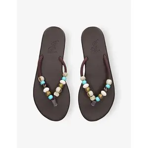 ANCIENT GREEK SANDALS Saionara Bead-embellished Thong Leather Sandals - Brown