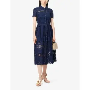 SELF-PORTRAIT Ramie Collared Lace Embroidered Midi Dress - Navy
