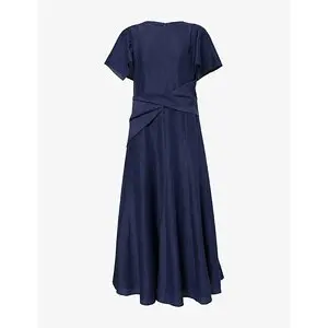 Roland Mouret Handkerchief-sleeve Drape-waist Silk-blend Midi Dress - Navy