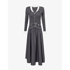 SELF-PORTRAIT Belted Ribbed-knit Midi Dress - Grey
