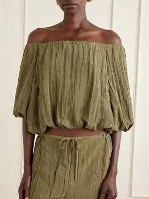 Simkhai Anni Cropped Gathered Crepon Blouse - Green