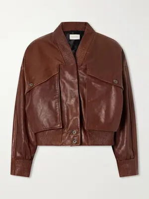 Magda Butrym Cropped Leather Bomber Jacket With Ribbed Trims - Brown