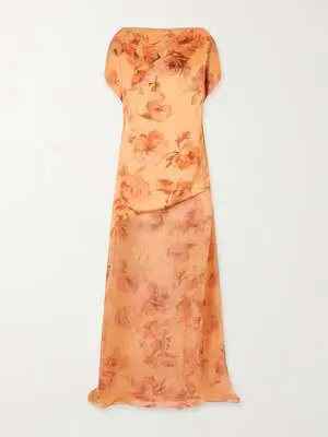 DIMA AYAD Floral-print Chiffon-trimmed Satin Gown - Peach