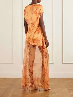 DIMA AYAD Floral-print Chiffon-trimmed Satin Gown