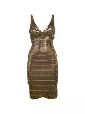 Herve Leger Bronze Sequin Embellished Bandage V-neck Dress