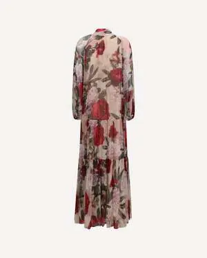 NISSA Printed Silk Maxi Dress With Scarf Detail