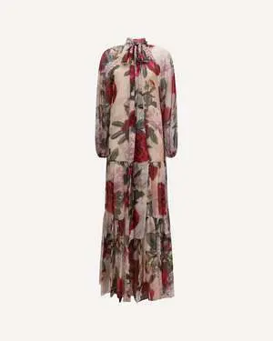 NISSA Printed Silk Maxi Dress With Scarf Detail