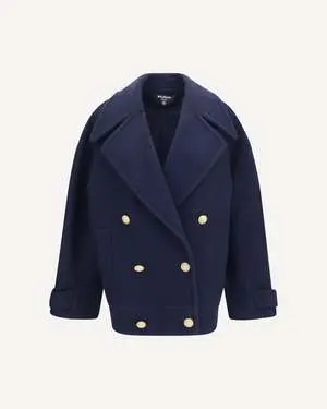 Balmain Double-breasted Wool Coat With Lion Emblem Buttons - Blue