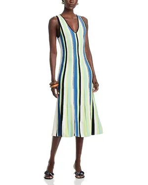 TOCCIN Fifi A-line Midi Dress With Vertical Stripes - Ocean/keylime Multi