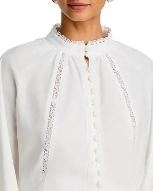 Aqua Button Front Lace Inset Top