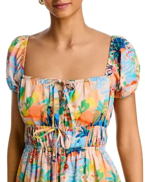 Aqua Villa Print Puff Sleeve Midi Dress