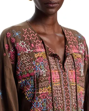 Johnny Was Bishop Sleeve Embroidered Flounce Dress