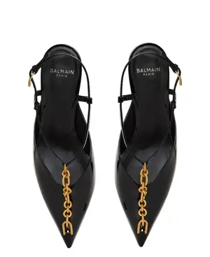 Balmain Sync Chain Kitten Slingbacks In Leather - Black