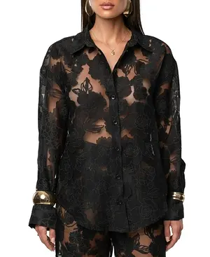 JLUXLABEL Sheer Organza Floral Long Sleeve Blouse - Black