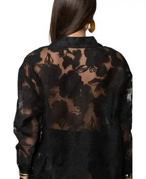 JLUXLABEL Sheer Organza Floral Long Sleeve Blouse - Black