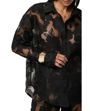 JLUXLABEL Sheer Organza Floral Long Sleeve Blouse - Black