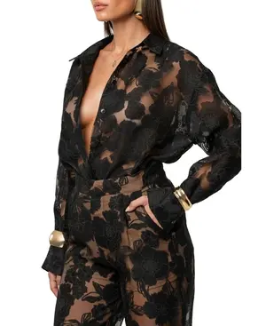 JLUXLABEL Sheer Organza Floral Long Sleeve Blouse - Black