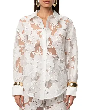 JLUXLABEL Sheer Organza Floral Long Sleeve Blouse - Ivory