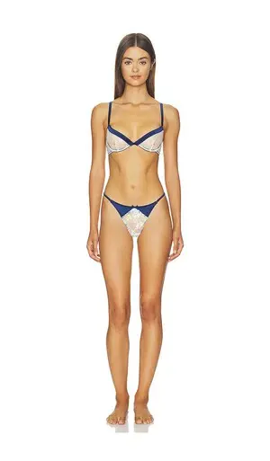 FLEUR DU MAL Delara Embroidered Thong In Navy
