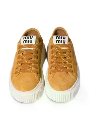 Miu Miu Suede Embroidered Logo Sneakers - Neutrals