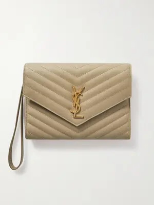 Saint Laurent Monogramme Quilted Textured-leather Pouch - Neutrals