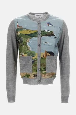 Thom Browne Cashmere And Silk Knit Cardigan With Nantucket Print - Grey