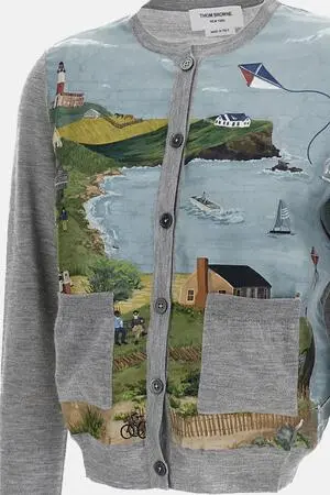 Thom Browne Cashmere And Silk Knit Cardigan With Nantucket Print - Grey