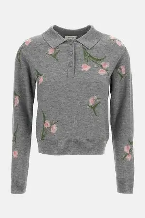 Erdem Floral Motif Merino Wool Knit Polo Sweater - Grey