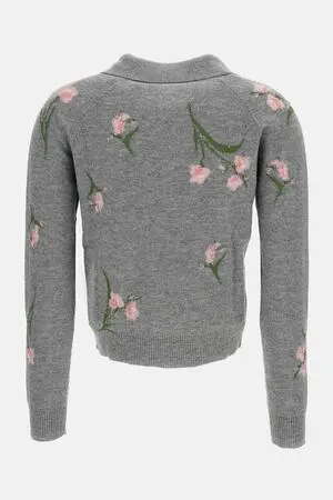 Erdem Floral Motif Merino Wool Knit Polo Sweater - Grey