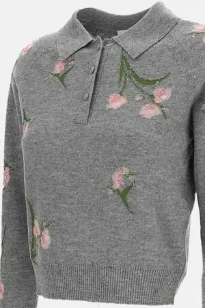 Erdem Floral Motif Merino Wool Knit Polo Sweater - Grey