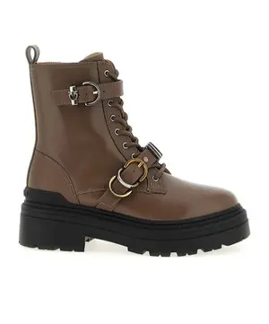 Pinko Buckle-strap Lace-up Boots - Beige