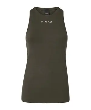 Pinko Ribbed Logo Racer Neck Top - Green