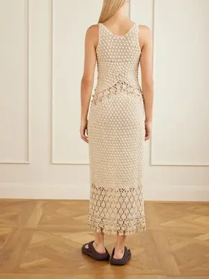 Rabanne Crochet Pearl Embellished V-neck Midi Dress