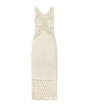 Rabanne Crochet Pearl Embellished V-neck Midi Dress - White