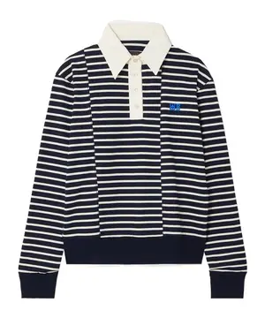 WALES BONNER Embroidered Stretch Cotton Poplin-trimmed Striped Cotton-jersey Polo Shirt - Black